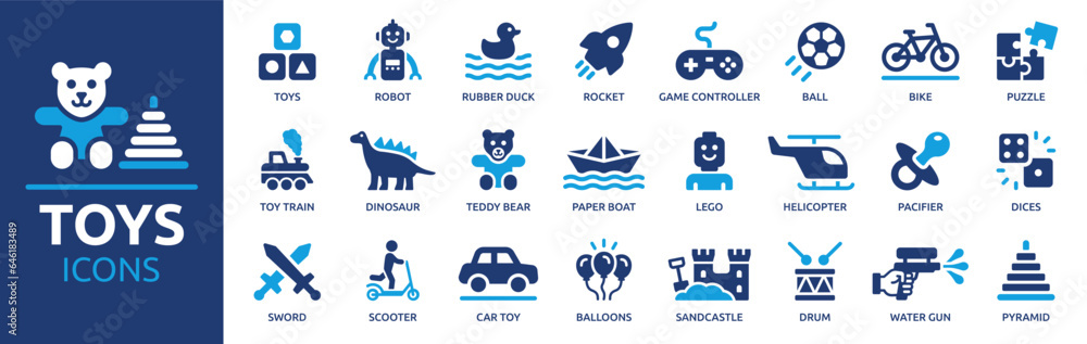 Toys icon set. Containing robot, bike, game controller, ball, puzzle ...