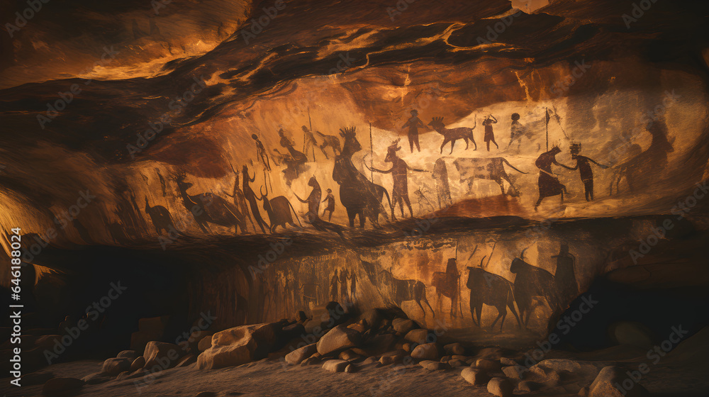 Paleolithic cave paintings. Human and animal figures, ancient art with ...