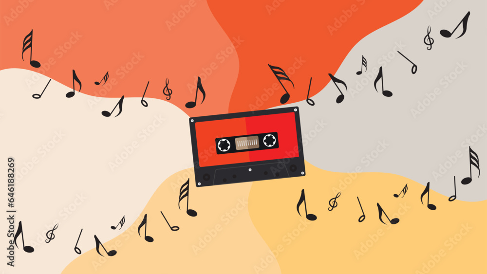 Cassette tape with musical note retro style vector illustration ...