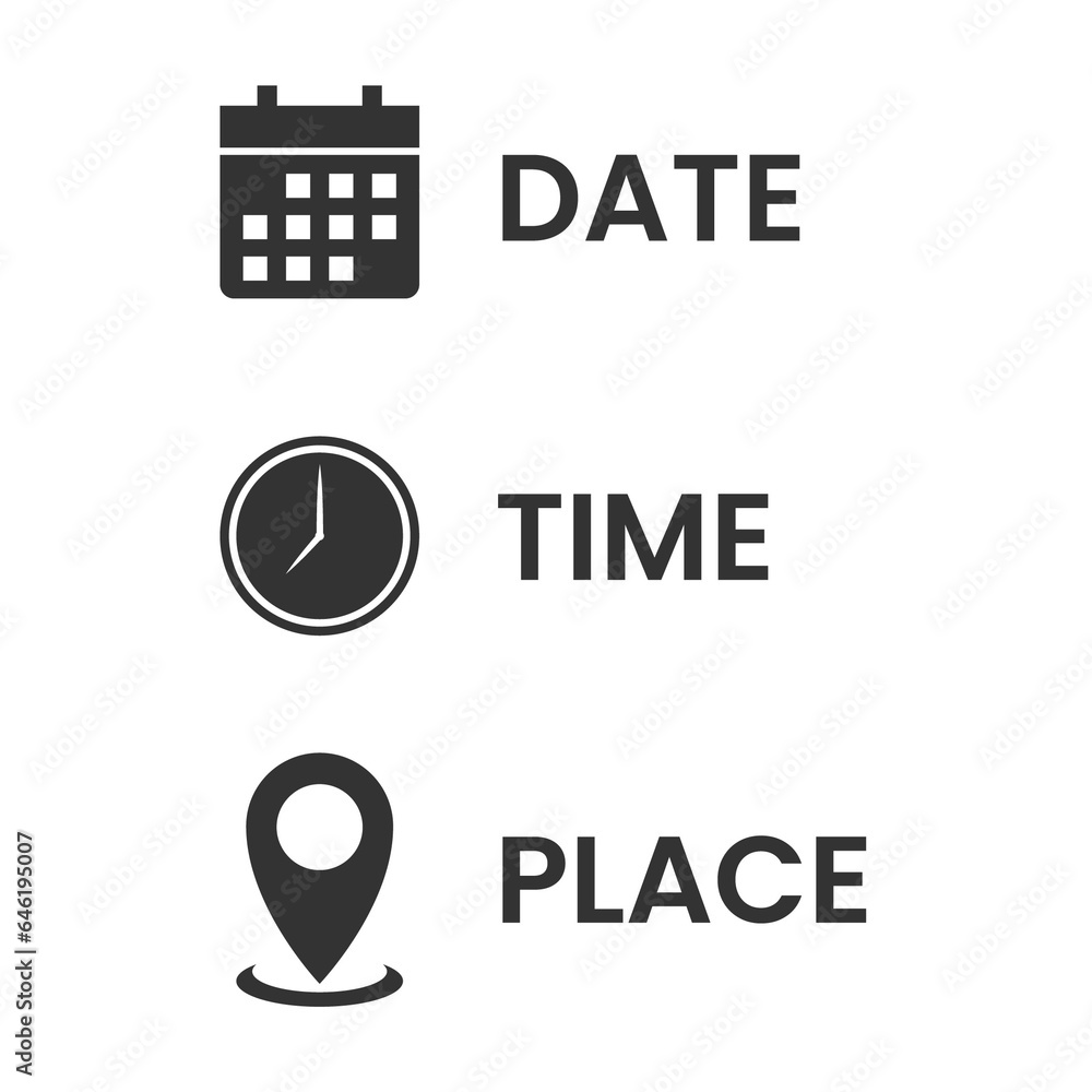 Vector illustration of date time place icon in dark color and ...