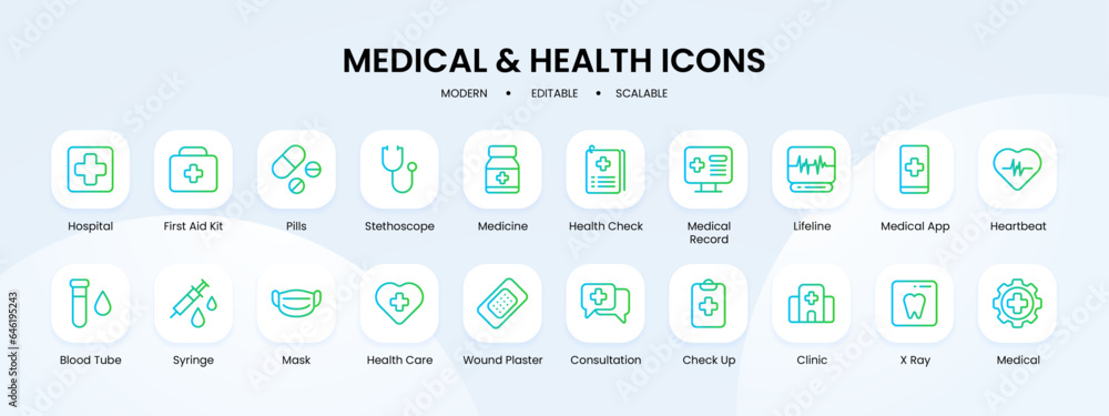 Medical and health icon collection with blue and green gradient outline ...