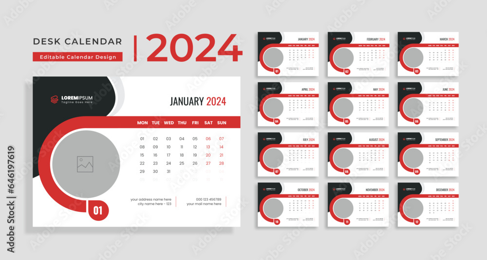 Red Desk Calendar 2024, template for annual calendar 2024, 12 months ...