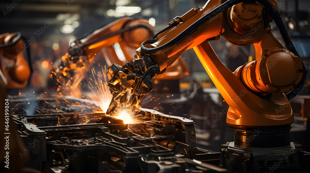 Metal welding with computerized robot arms, ai generated Stock ...