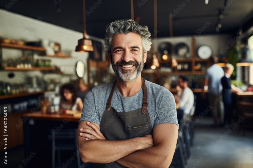 Smiling portrait of a happy middle aged caucasian small busness and ...