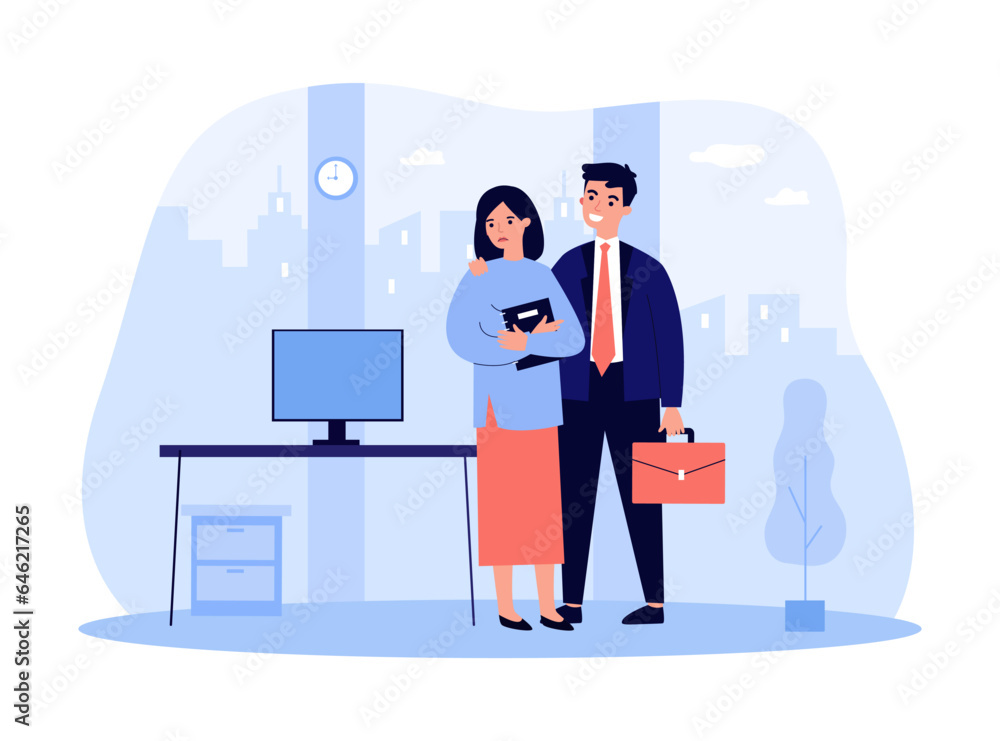 Businessman harassing female coworker vector illustration. Man touching ...