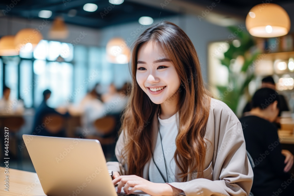 Asian japanese chinese student girl smile using notebook laptop, woman ...