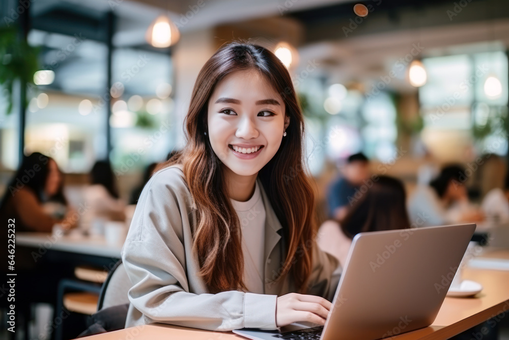 Asian japanese chinese student girl smile using notebook laptop, woman ...