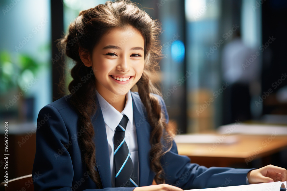 Schoolgirl in blue uniform smile study in classroom, student learning Stock Photo | Adobe Stock