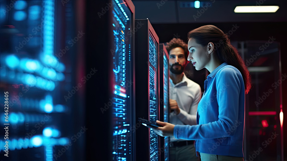 Data Center Female System Administrator and Male IT Specialist talk ...