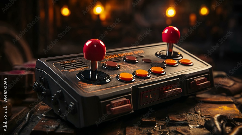 Old stylish vintage retro game console with video game joystick poster ...