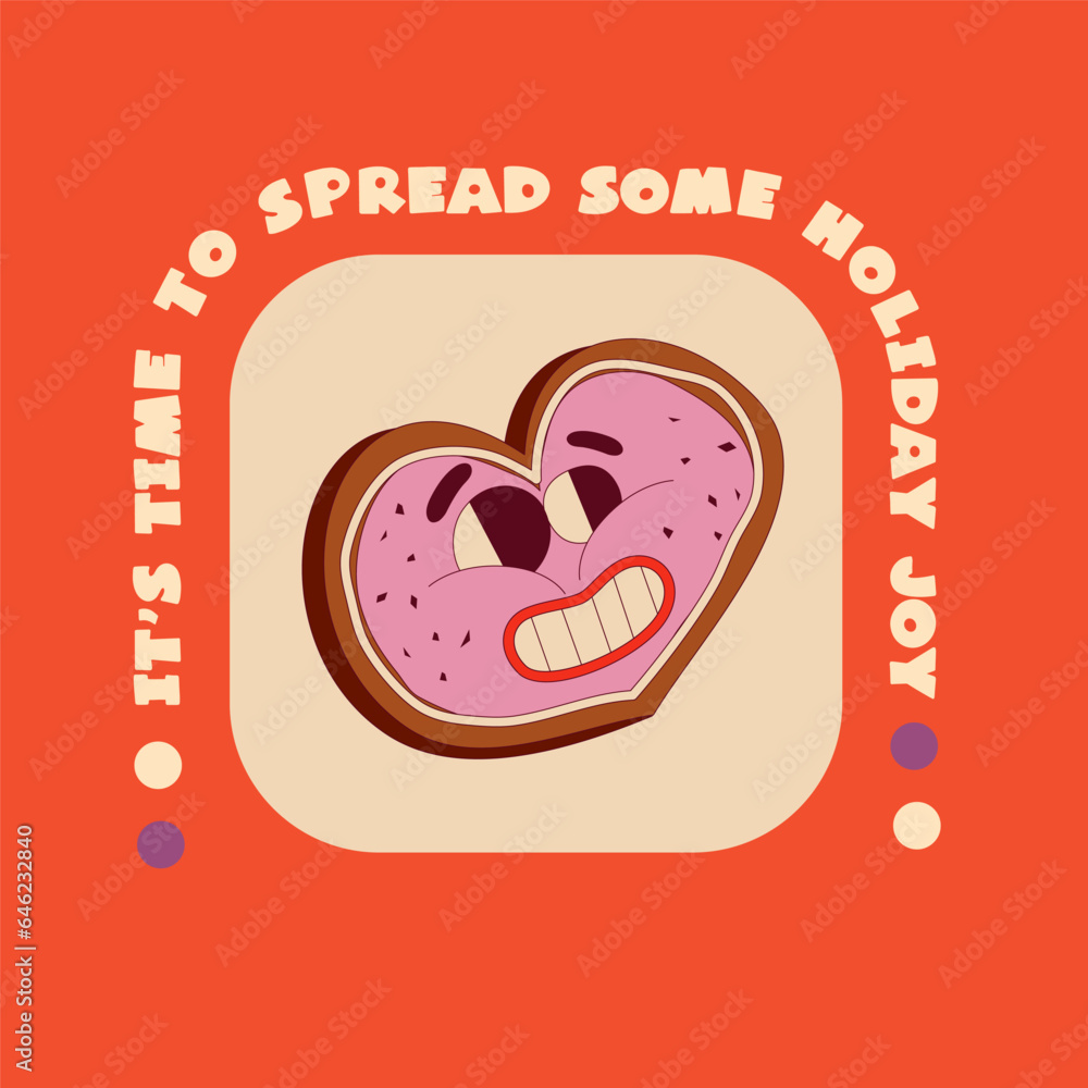 Retro Groovy christmas poster with heart and text. Groovy character ...