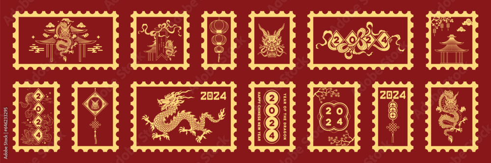 Happy chinese new year 2024 postage stamp set. The dragon zodiac sign ...
