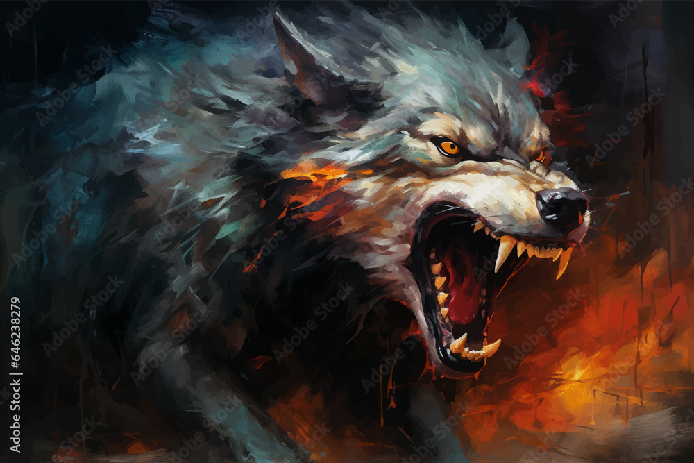 Angry Wolf howling in fire with flames and flames. Roaring wolf. Wolf ...