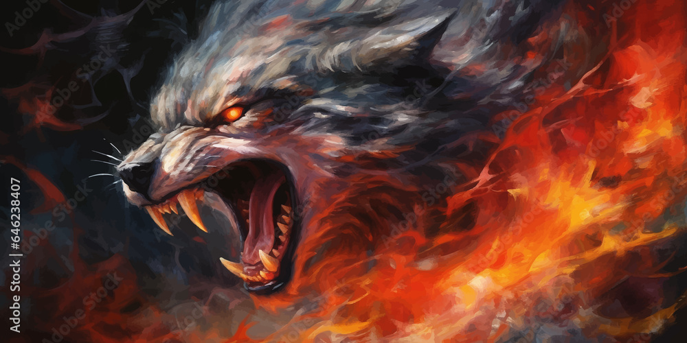 Angry Wolf howling in fire with flames and flames. Roaring wolf. Wolf ...