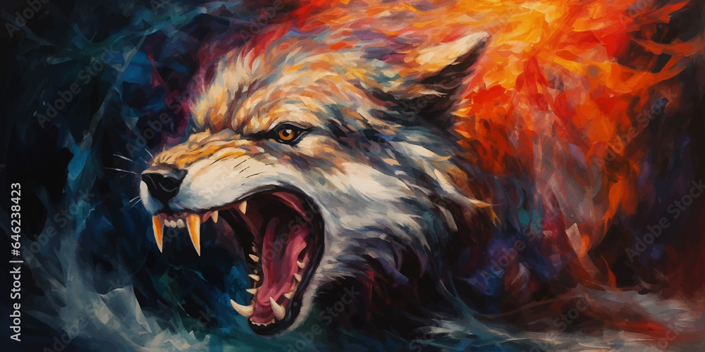 Angry Wolf howling in fire with flames and flames. Roaring wolf. Wolf ...