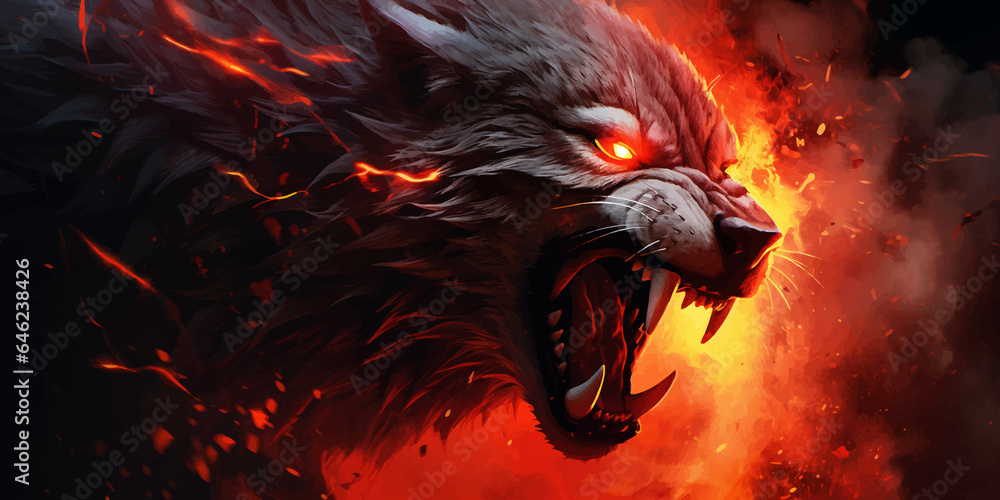 Angry Wolf howling in fire with flames and flames. Roaring wolf. Wolf ...