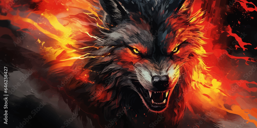 Angry Wolf howling in fire with flames and flames. Roaring wolf. Wolf ...