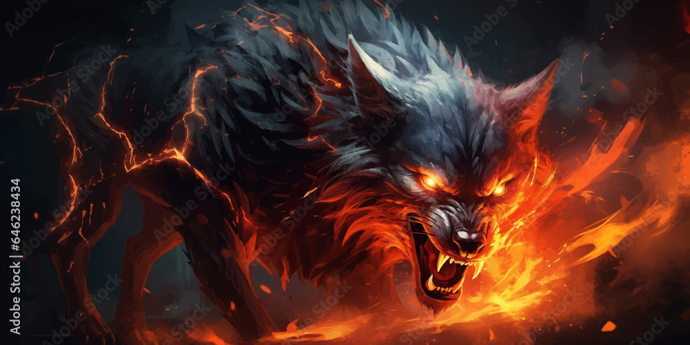 Angry Wolf howling in fire with flames and flames. Roaring wolf. Wolf ...