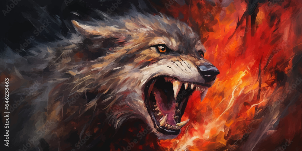Angry Wolf howling in fire with flames and flames. Roaring wolf. Wolf ...