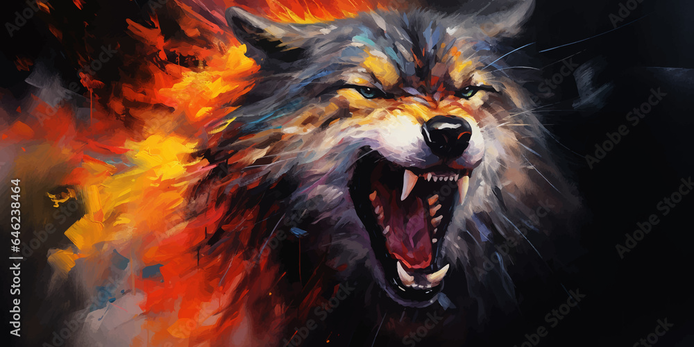 Angry Wolf howling in fire with flames and flames. Roaring wolf. Wolf ...