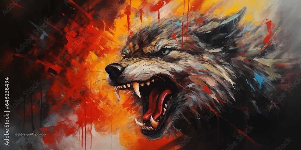 Angry Wolf howling in fire with flames and flames. Roaring wolf. Wolf ...