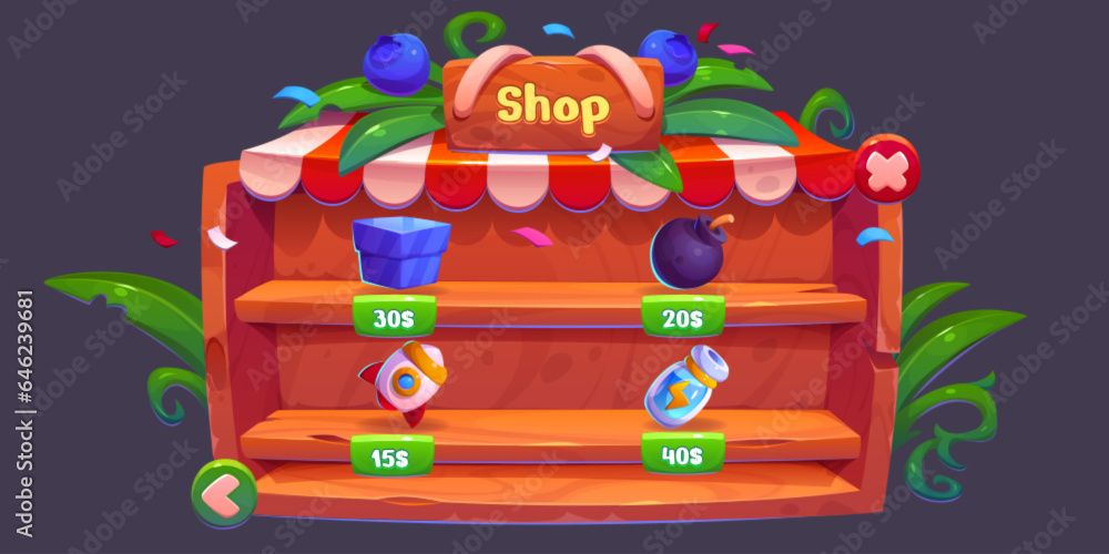Game shop interface - cartoon vector ui wooden rack with shelves and ...
