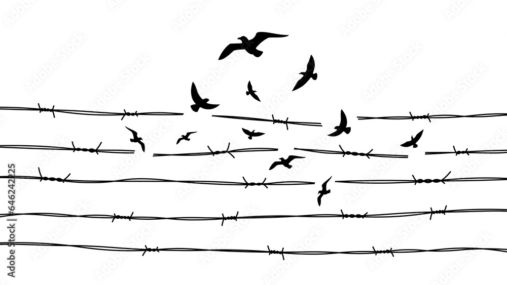 Birds flying through barbed wire concept illustration transparent ...