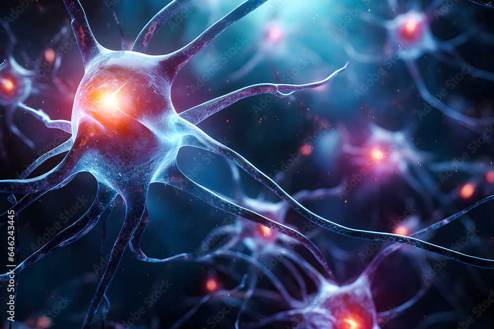 Neurons and microglia, Quantum entanglement, scientific concept 3d ...