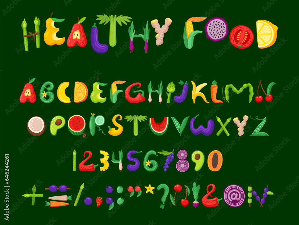 Cartoon fruit and vegetable font, healthy type or farm crop alphabet of ...