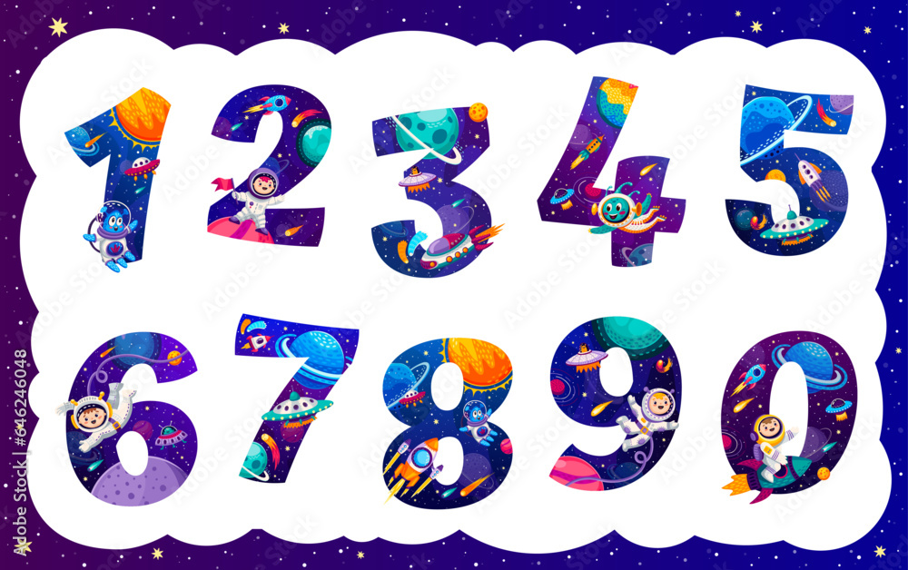 Cartoon space numbers, funny math and astronomy science. Kids education ...