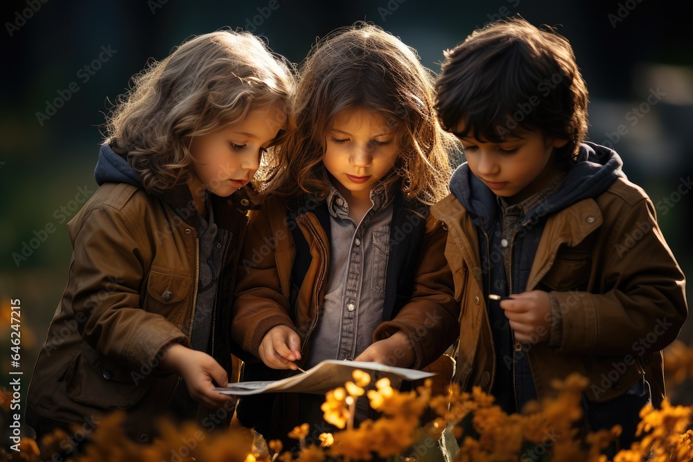 Kids explore nature. Children hike in sunny summer park. Scout club and ...