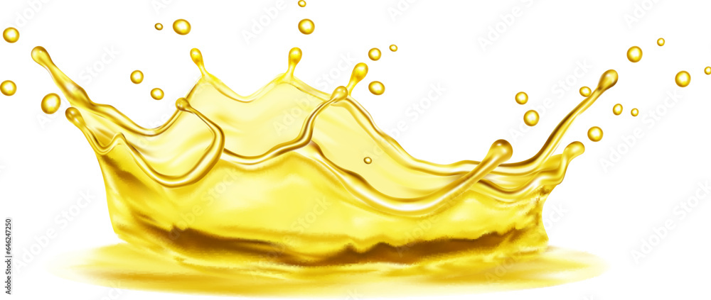 Realistic beer or soda, oil or juice corona splash in transparent wave ...