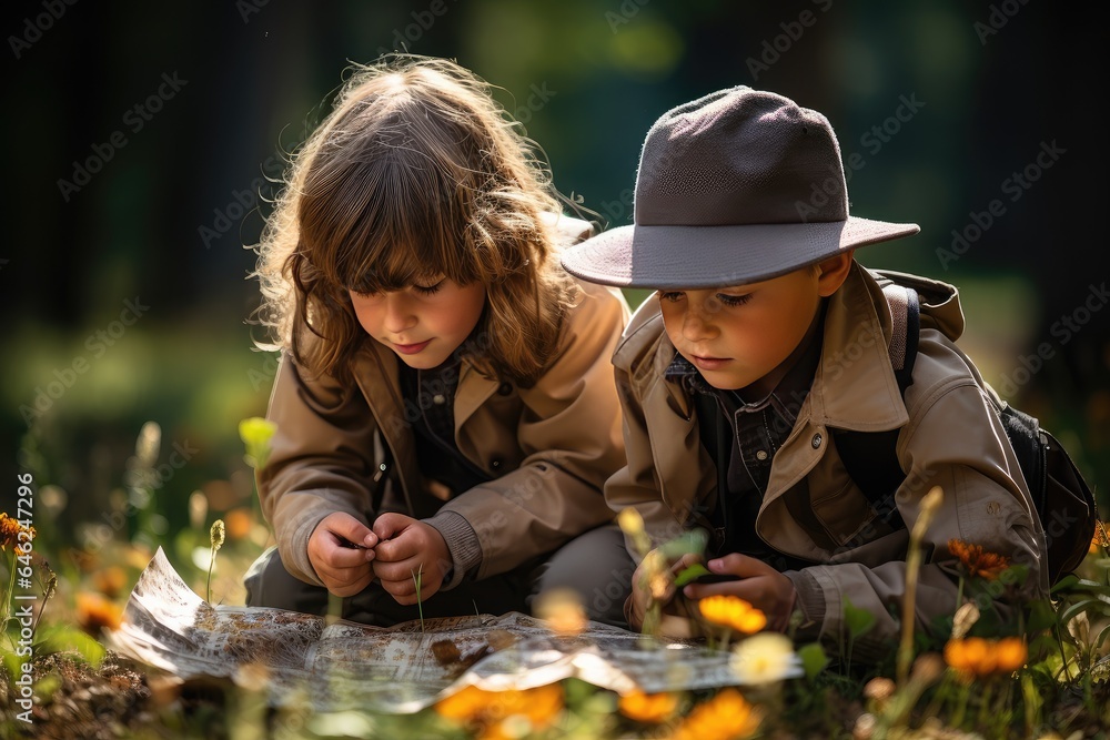 Kids explore nature. Children hike in sunny summer park. Scout club and ...