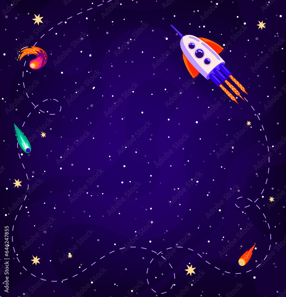 Cartoon kids space background, planets and rocket with trace. Vector ...