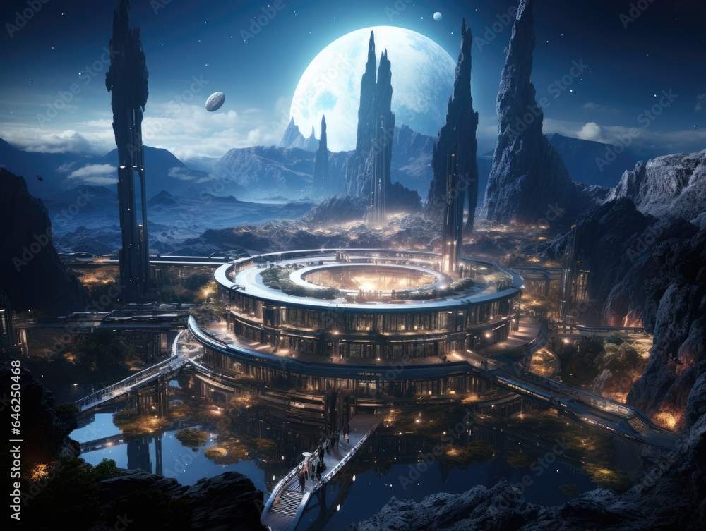 Futuristic space station orbiting a distant planet, with high - tech ...