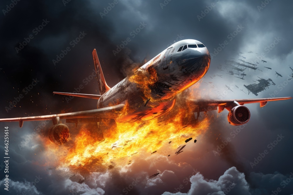 Airplane in the sky with smoke and fire. 3d rendering, Airplane with ...