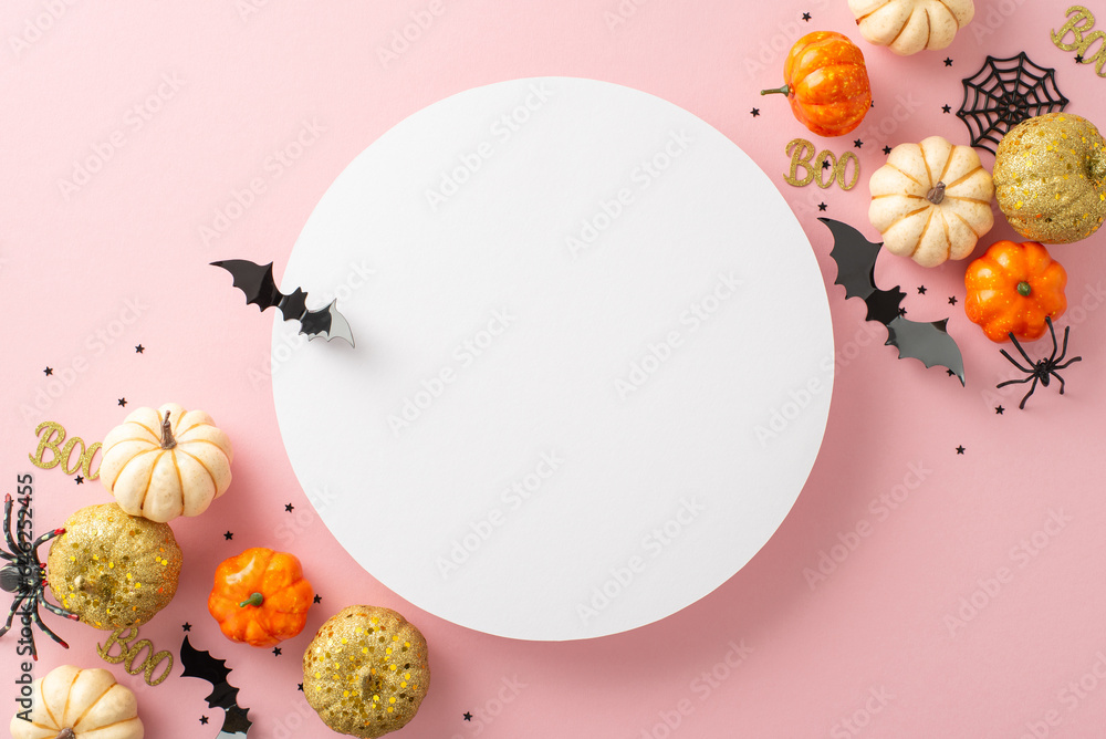 Modern Halloween arrangement. Overhead capture of thematic items: small ...