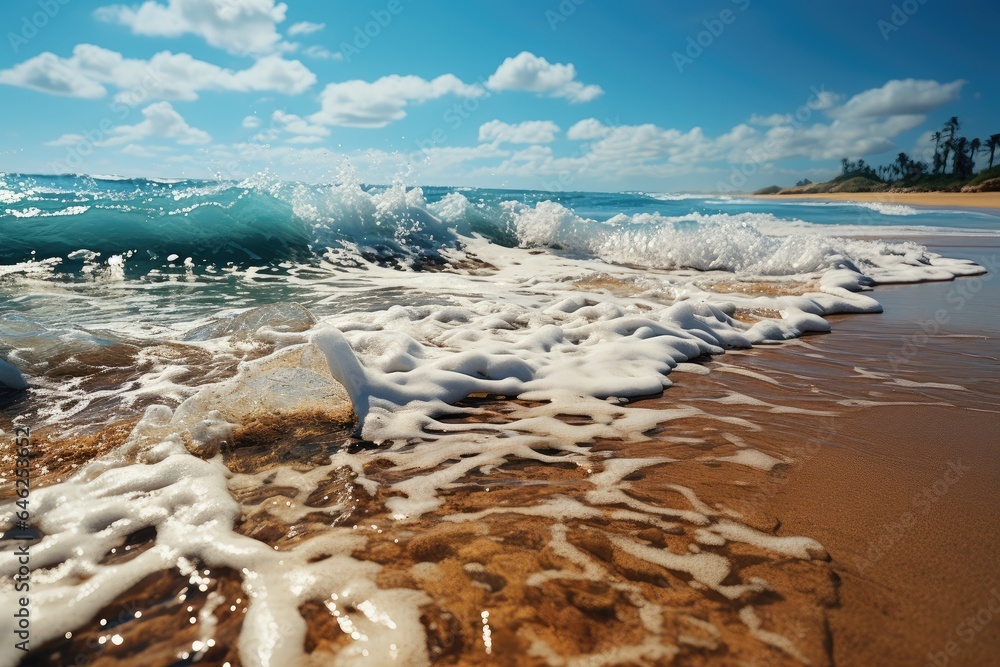 Sandy beach, panorama. Panoramic view of the sandy beach. The sea wave ...
