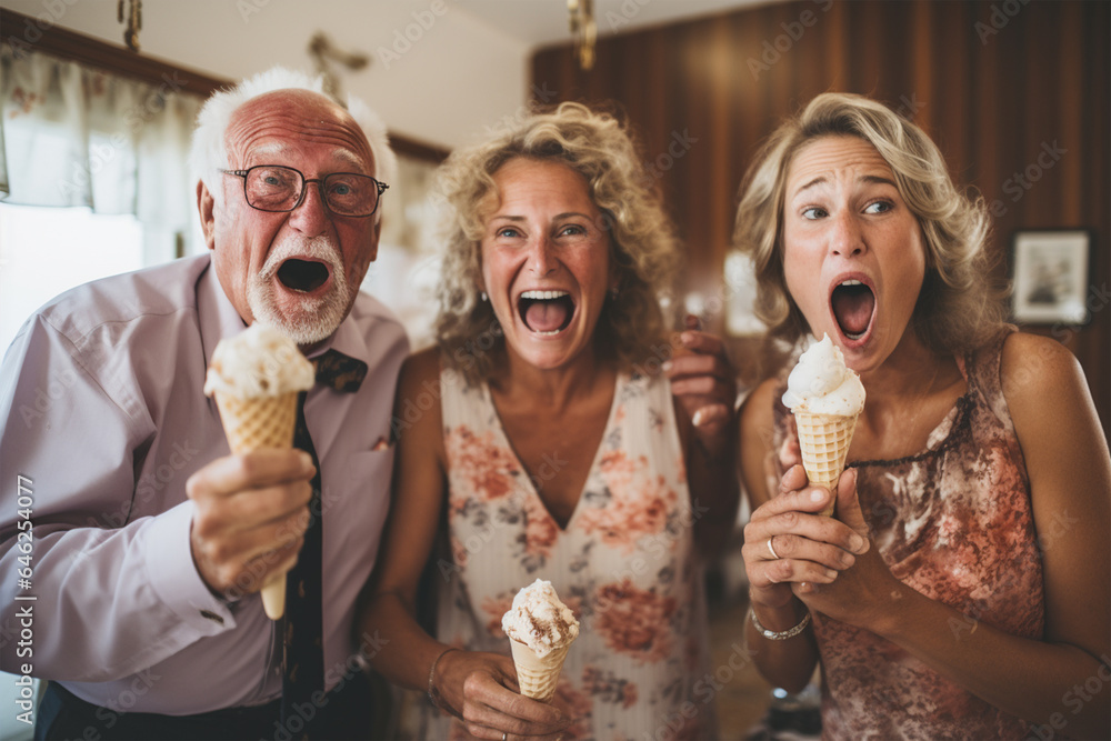 Happy modern adult family having Ice cream cone on their hands, people ...
