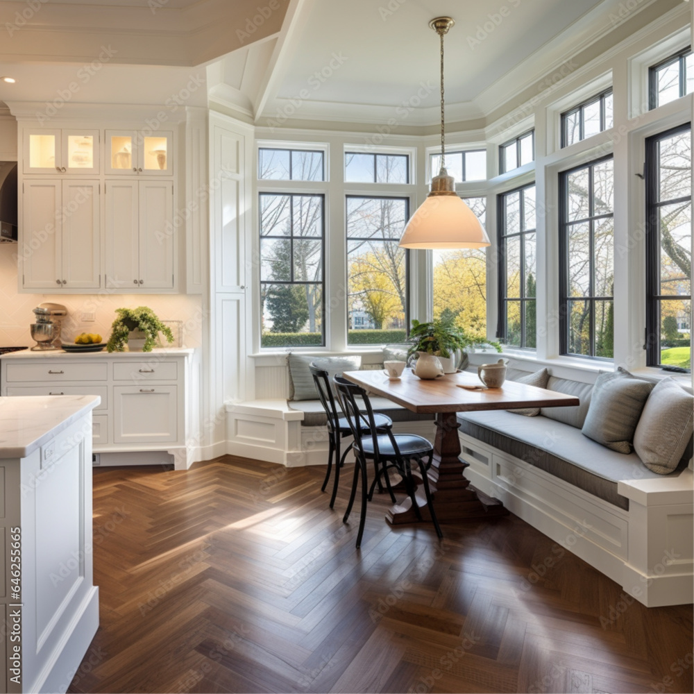 European kitchen with corner banquette seating with channel back ...