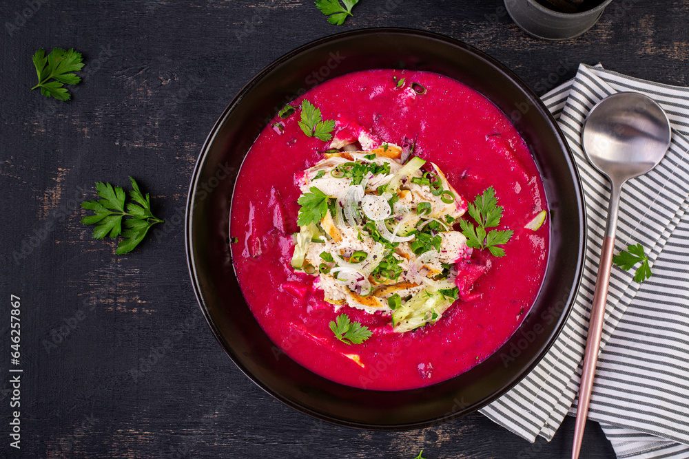 Cold borscht, summer beet soup with fresh cucumber, boiled egg and ...