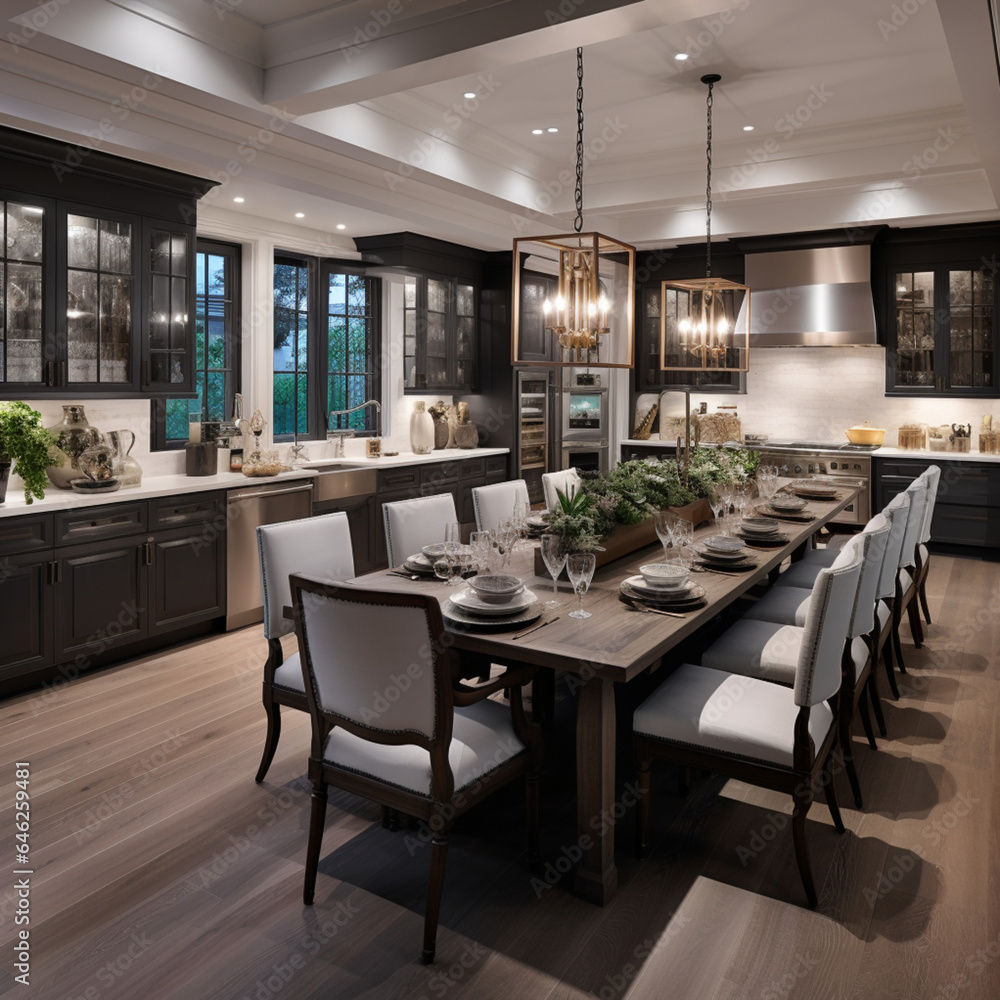 European kitchen with corner banquette seating with channel back ...