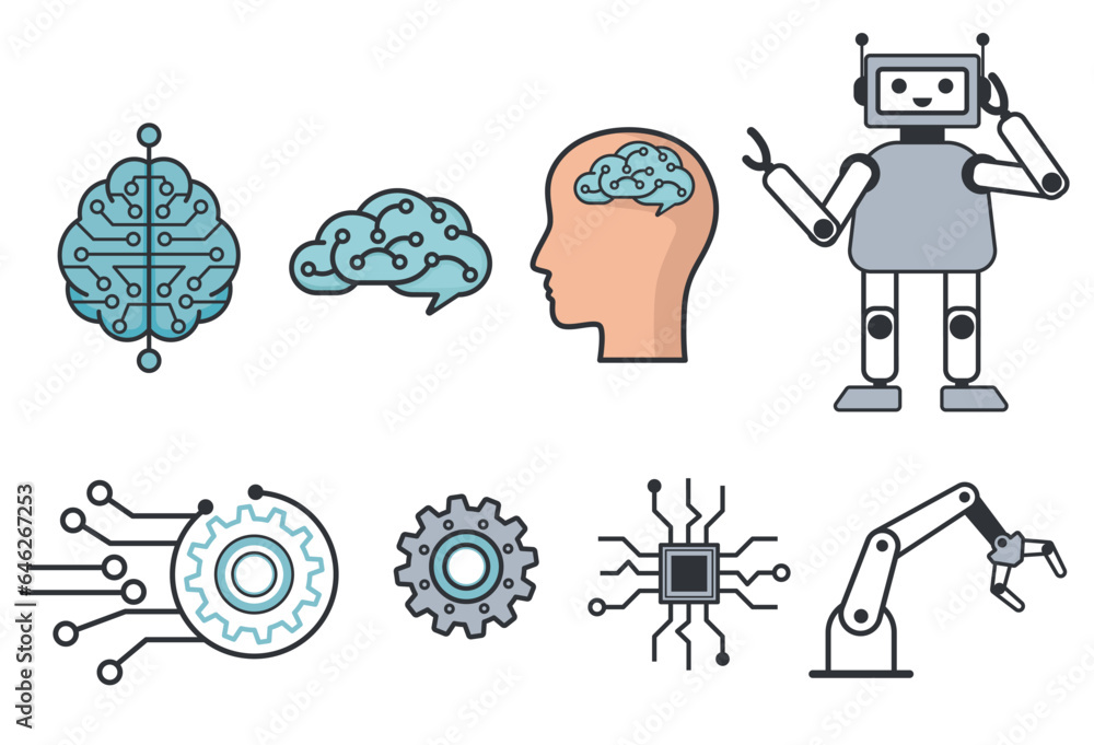 Artificial intelligence icon set, machine learning, smart robotic and ...