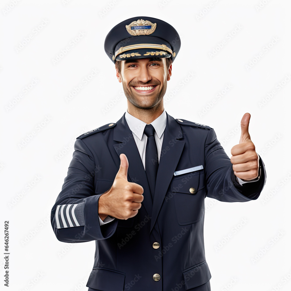 Cheerful airline pilot wearing uniform with epaulets showing thumb up ...