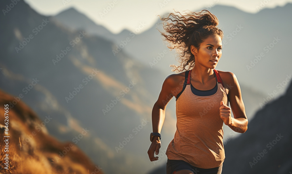 Beautiful woman running trail outdoor workout on view of mountain ...