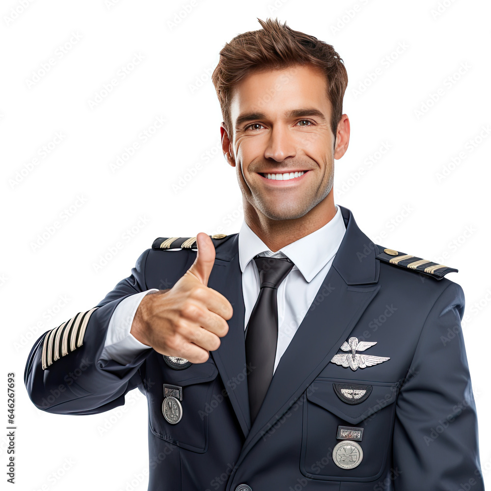 Cheerful airline pilot wearing uniform with epaulets showing thumb up ...