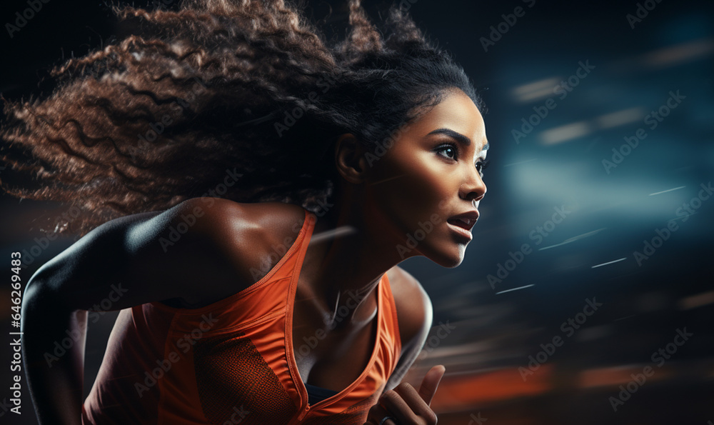 Focus on Active young african sport woman running pose in sport field ...