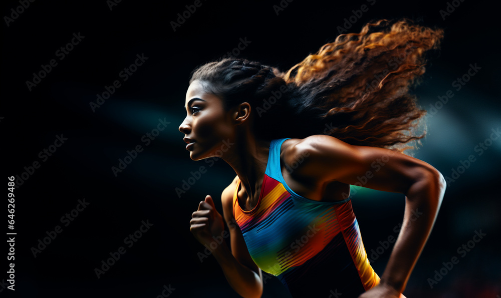 Focus on Active young african sport woman running pose in sport field ...