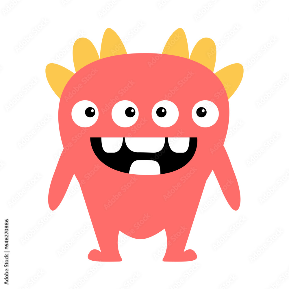 Cute monster. Happy Halloween. Head face with tooth fang. Pink ...