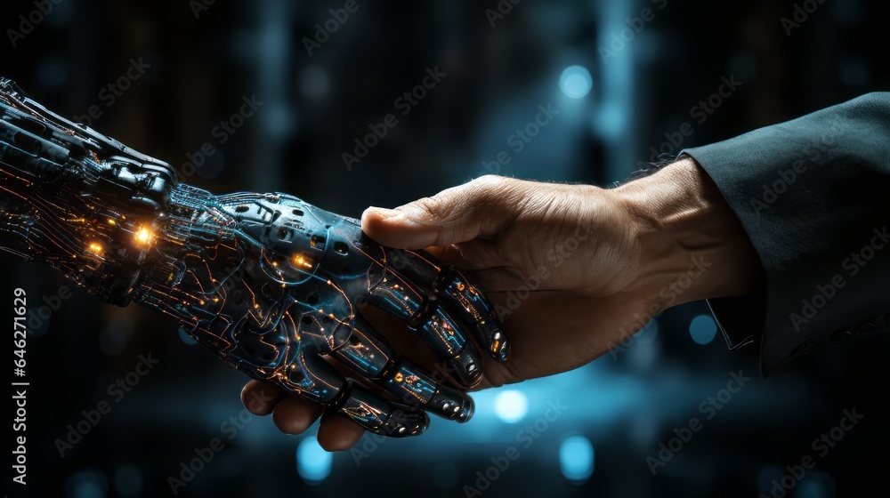 The image depicts a robot hand reaching out towards a human hand ...